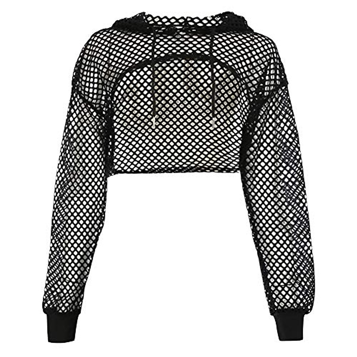 SIQITECHNO Womens Mesh Fishnet Long Sleeve Hoodie Drawstring Pullover Crop Top Hoodie Hollow Out Long Sleeve Pullover Crop Top Sweatshirt Black