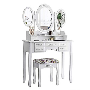 CHARMAID Vanity Set with Tri-Folding Mirror and Cushioned Stool, Dressing Table with 7 Drawers and a Shelf, Antique Makeup Table with Removable Top, Vintage Makeup Vanity Set for Women Girls (White)