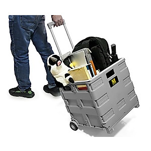 MaxWorks 50704 Collapsible Gray Rolling Folding Dolly Grocery Cart - Multi-Functional Teacher Dolly with Extra Storage, Durable Wheels, and Easy-to-Fold Design for Classroom, Office, Shopping