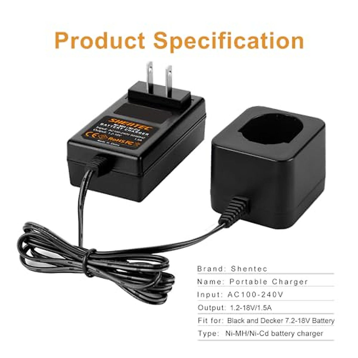 Shentec 7.2V-18v Battery Charger Compatible with Black and Decker PS120 PS130 PS140 Ni-MH/Ni-Cd Pod Style Batteries