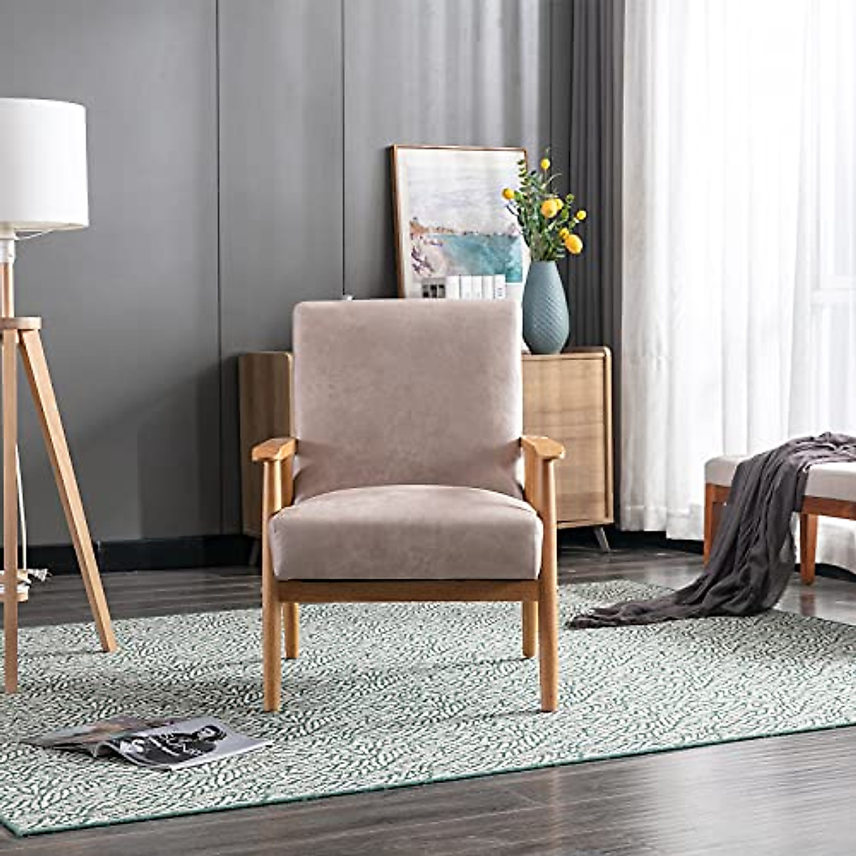 freemax Mid Century Accent Armchair Wood Leather Lounge Chair with Suede Cushion and Soft Sponge, for Living Room Bedroom Reading Room (Beige)