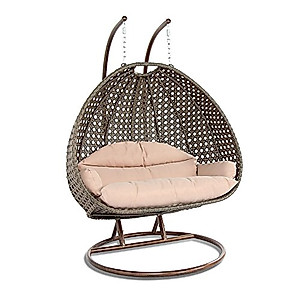 LeisureMod Beige 2 Person Hanging Double Swing Chair, X-Large Wicker Rattan Egg Chair with Stand and Cushion for Indoor Outdoor Patio Garden (Beige)