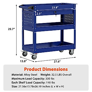 3 Tier Tool Cart on Wheels with Lockable Drawer, Heavy Duty Rolling Tool Cart,Large Storage Capability Tool Cart with Drawers, Suitable for Garage, Warehouse, and Repair Shop (blue)