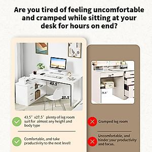 HOMBCK L Shaped Desk with Storage, White Desk Reversible L Shaped Desk with 3 Drawers and File Cabinet, Corner Desk with Hutch and Shelves, Long Computer Desk for Home Office, White