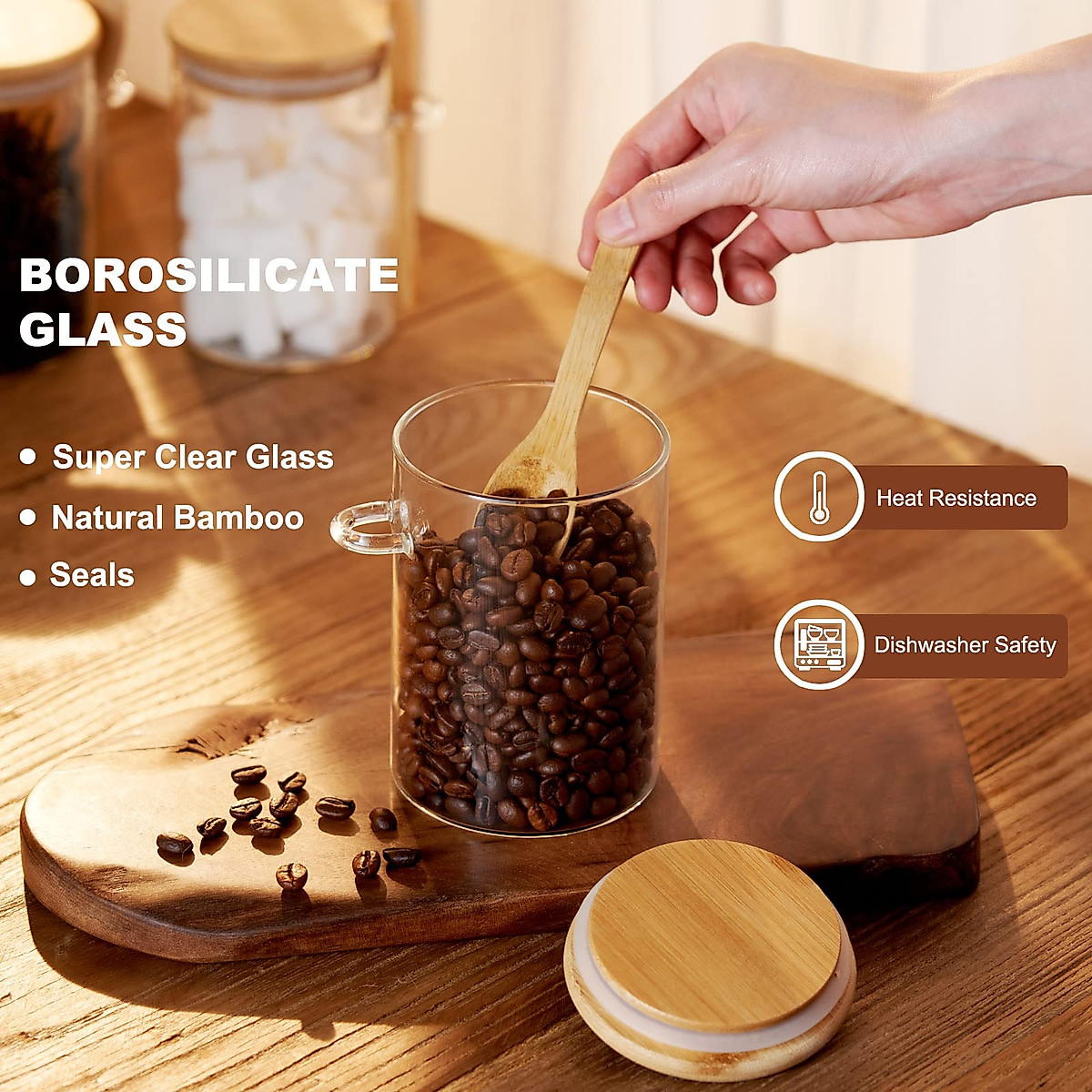 FyndraX Glass Sugar Jar with Bamboo Lid, 15 Oz Airtight Salt Container with Spoon and Labels for Storage Coffee Beans, Tea, Salt and Food Organizer Canister, Pack of 1