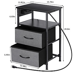NANANARDOSO Nightstand with Charging Station, Small Bedside Table with 2 Fabric Drawers and Storage Shelf, Rustic End Table for Small Space Bedroom Living Room, Black