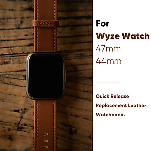 WYZE Watch Replacement Leather Bands Compatible Smart Watch 47mm, 47mm C, 44mm, Quick Release Genuine Leather Watch Strap for Women and Men, Classic Brown