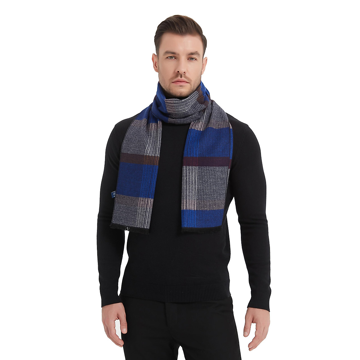 EP Mode Men's Winter Scarf, Cashmere Feel, Super Soft & Warm (Plaid Blue Grey)