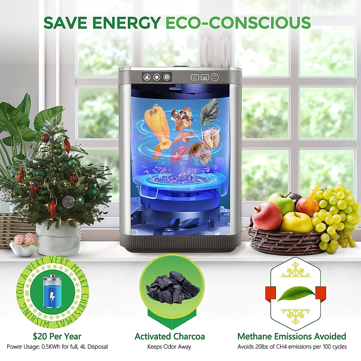 KEEPEEZ Electric Composter, 1-Gallon Largest Smart Waste Compost Bin Kitchen, Turn Waste into Natural Fertilizer 4-8h, Food Cycler Odorless,Detachable Carbon Filter, Kitchen Composter Energy Efficient