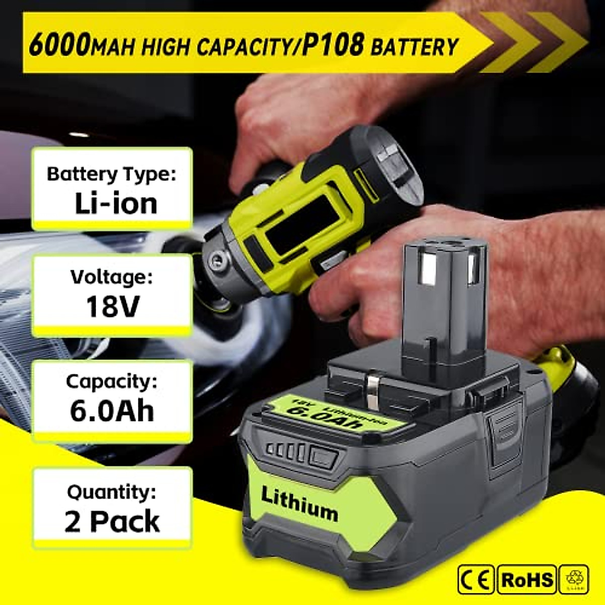 Masione 2Pack 6.0Ah P108 Batteries +P117 Charger Combo Replacement for Ryobi 18v Battery P108 P107 P104 P105 P102 P103 Charger with 260051002 P117 P118 P113 BCL1418