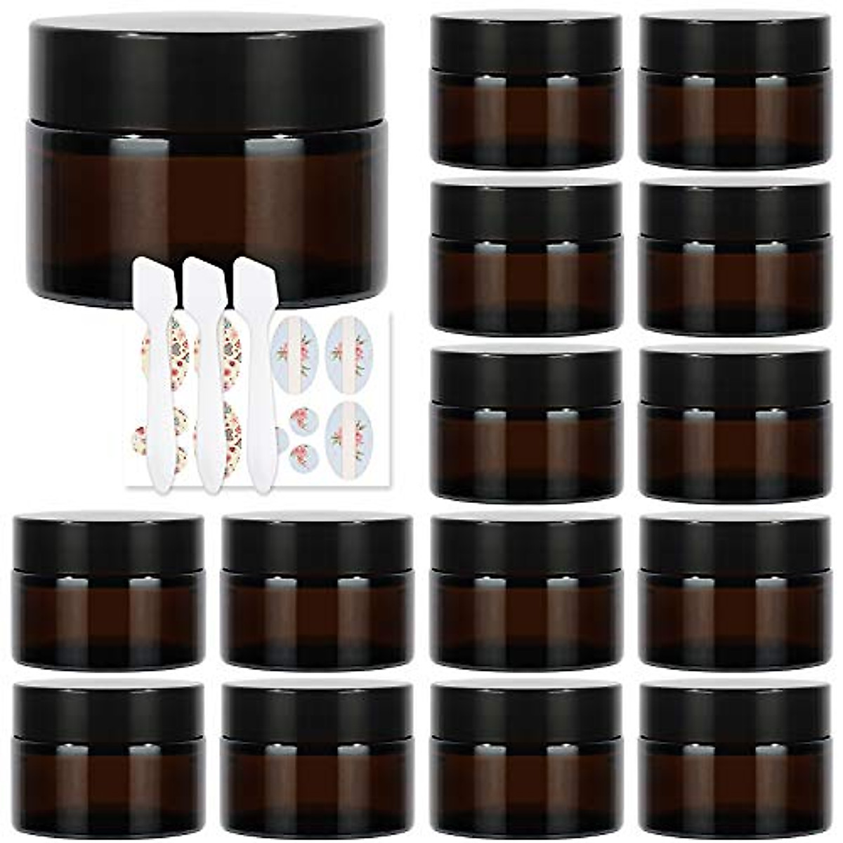 1 oz Amber Round Glass Jars with Plastic Lids and Inner Liners,Empty Cosmetic Bottles For Beauty Products, Lotion, Powders and Ointments.Set of 15 Pack.
