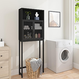 Launica Bathroom Organizer Over Toilet, Wood Metal Bathroom Over The Toilet Storage, Industrial Bathroom Space Saver Shelf Over Toilet, Freestanding Bathroom Cabinet Above Toilet wtih Rack, Black Oak