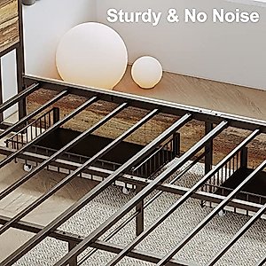 LIKIMIO King Bed Frame with Storage Drawer, 2-Tier Storage Headboard with Charging Station, No Box Spring Needed, Easy Assembly, Rustic Brown