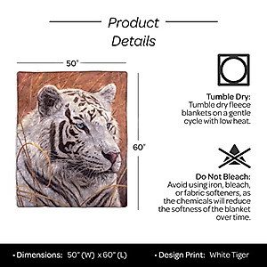 Bedford Home Sherpa Fleece Throw Blanket, Machine Washable, Warm, Soft, Hypoallergenic, Breathable, Lightweight Multipurpose Plush Warmer for Adults and Kids - White Tiger Print - 60” (L) x 50” (W)