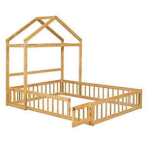 Bellemave Full Size Floor Bed for Kids, Girls, Boys, Wood House Bed with headboard, Full Size Montessori Floor Bed with House Shape Headboard, Kids Floor Bed with Storage, Natural