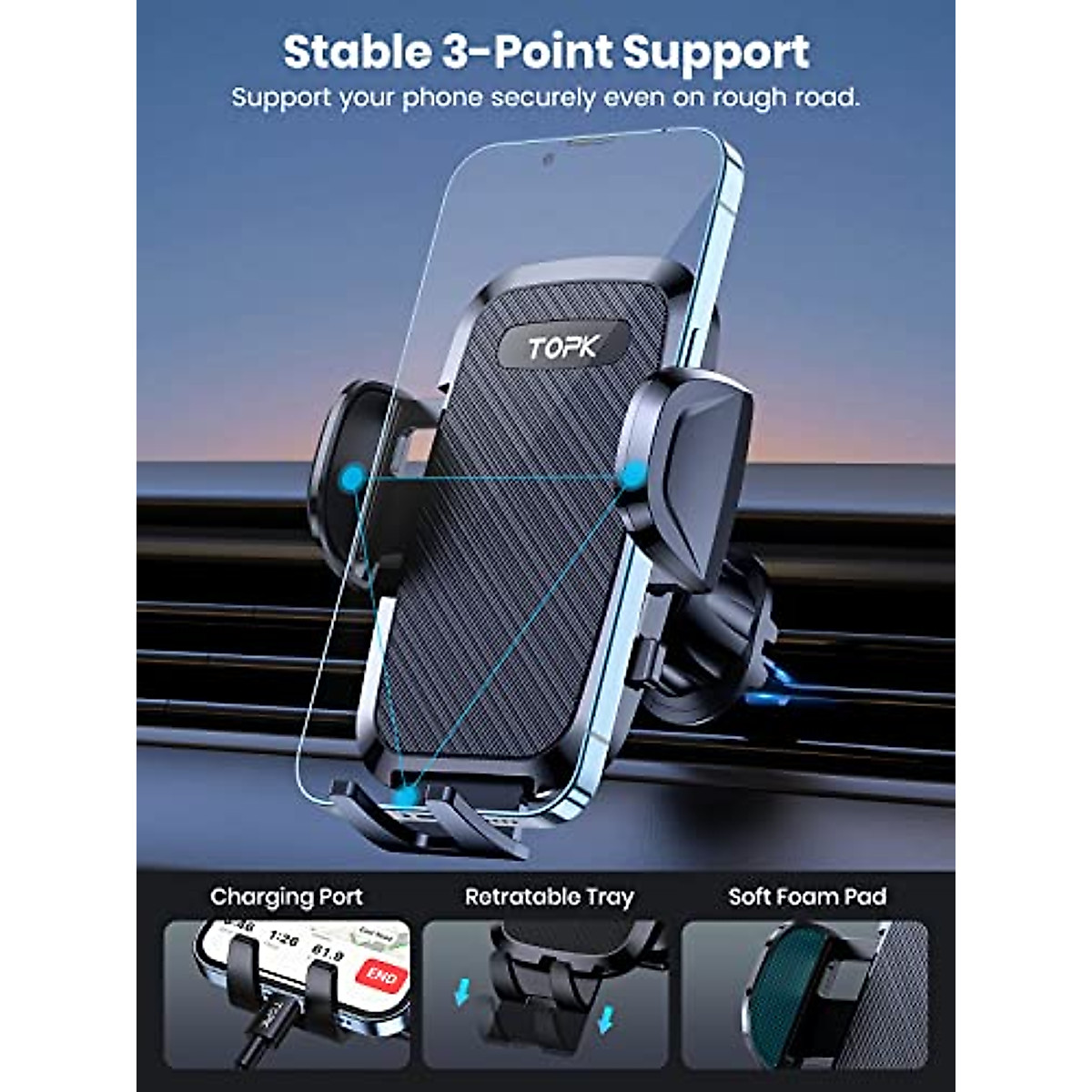 TOPK Car Phone Holder Mount, [2022 Upgraded Clip] Cell Phone Phone Mount for Car Vent 360° Rotation Universal Mobile Car Phone Holder for Smartphone
