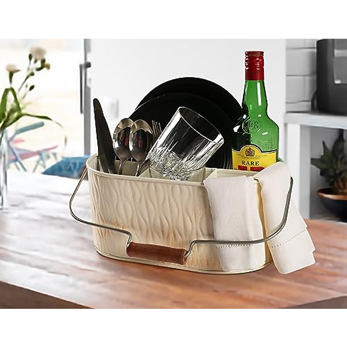 Utensil Caddy,Galvanized Bucket,Galvanized Utensil Holder,Silverware Caddy,Metal Caddy,Outdoor Utensil Caddy,Tin Utensil Holder,Utensil Caddy for Parties,Picnic Caddy,Farmhouse Utensil Cream Beige