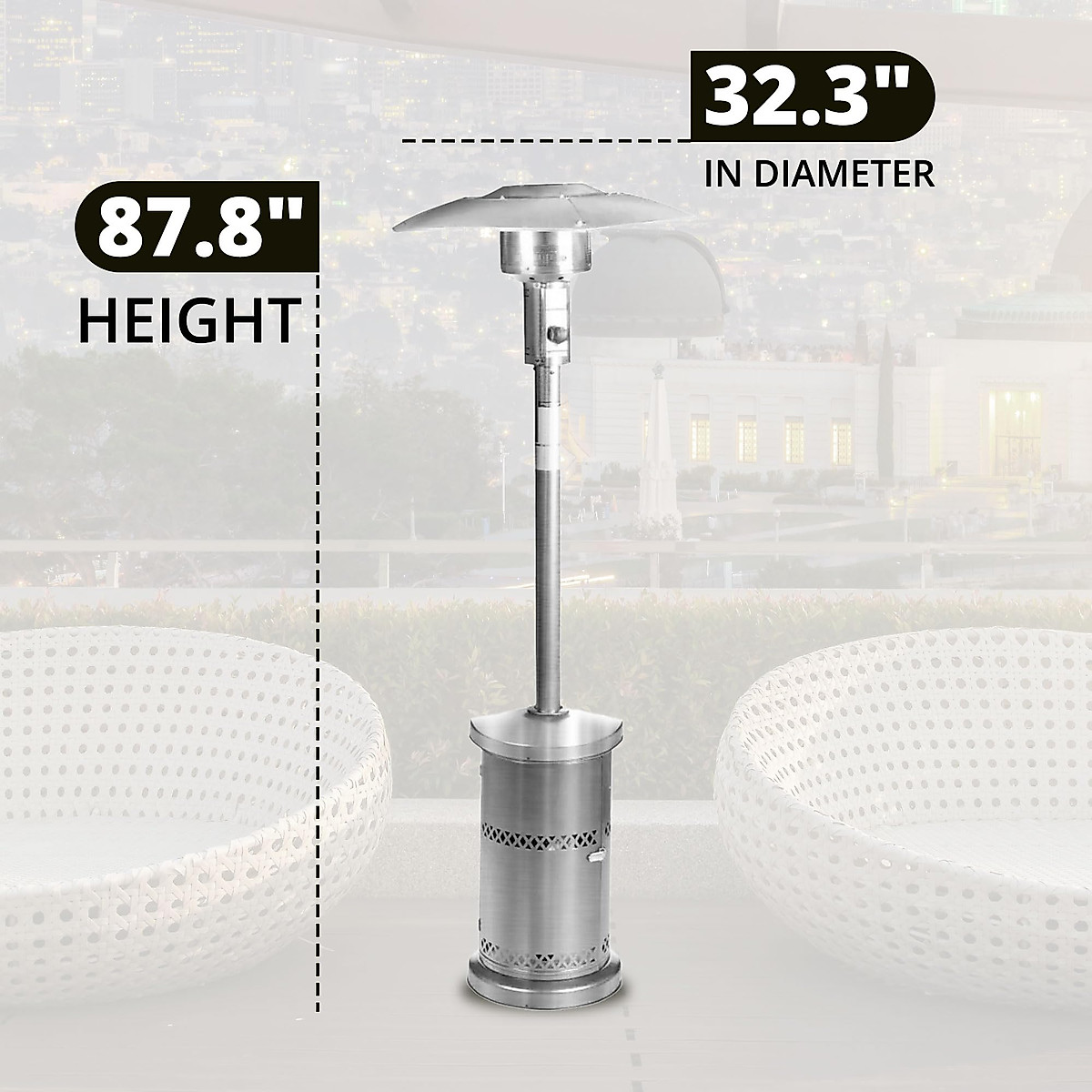 Four Seasons Courtyard 48,000 BTU Freestanding Portable Outdoor Heater for Patio and Backyard with Adjustable Temperature Control, Silver
