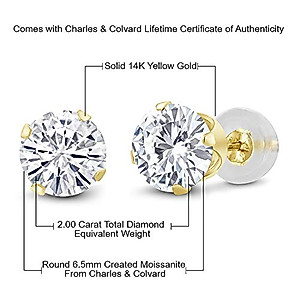 14K Yellow Gold Forever Classic Moissanite from Charles & Colvard Stud Earrings For Women | 2.00 Cttw | Round 6.5MM | Gold Earrings for Women