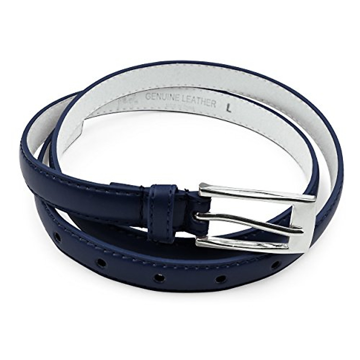 Belle Donne Women Skinny PU Leather Dress Belts Womens Belt with Silver Polished Buckle Women's Belts, Navy Blue Belts for Women Medium