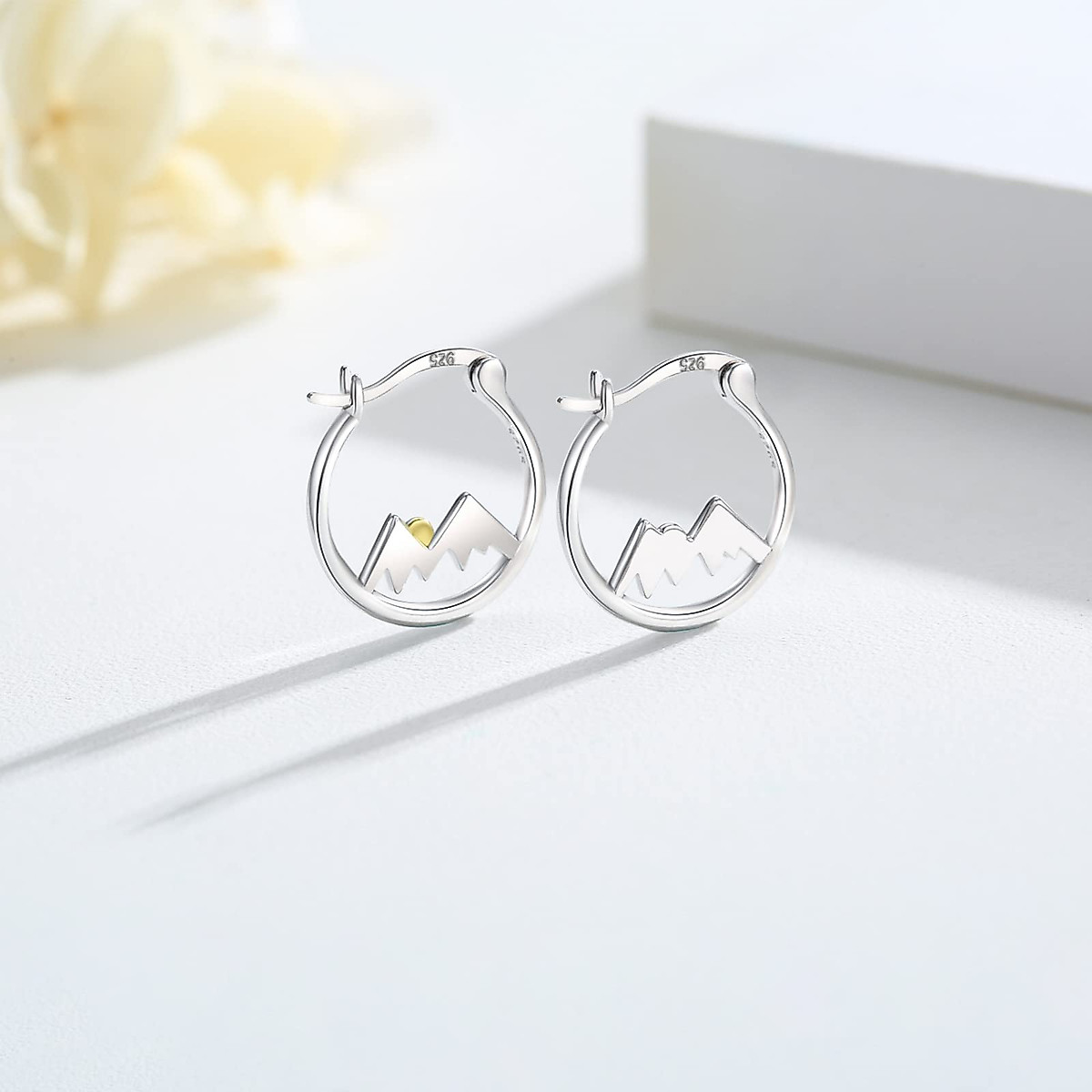 Mountain Earrings 925 Sterling Silver Women's Sun Mountain Hoop Earrings Hypoallergenic Mountain Jewelry Gift for Skiers Hiking Mountain Nature Lovers