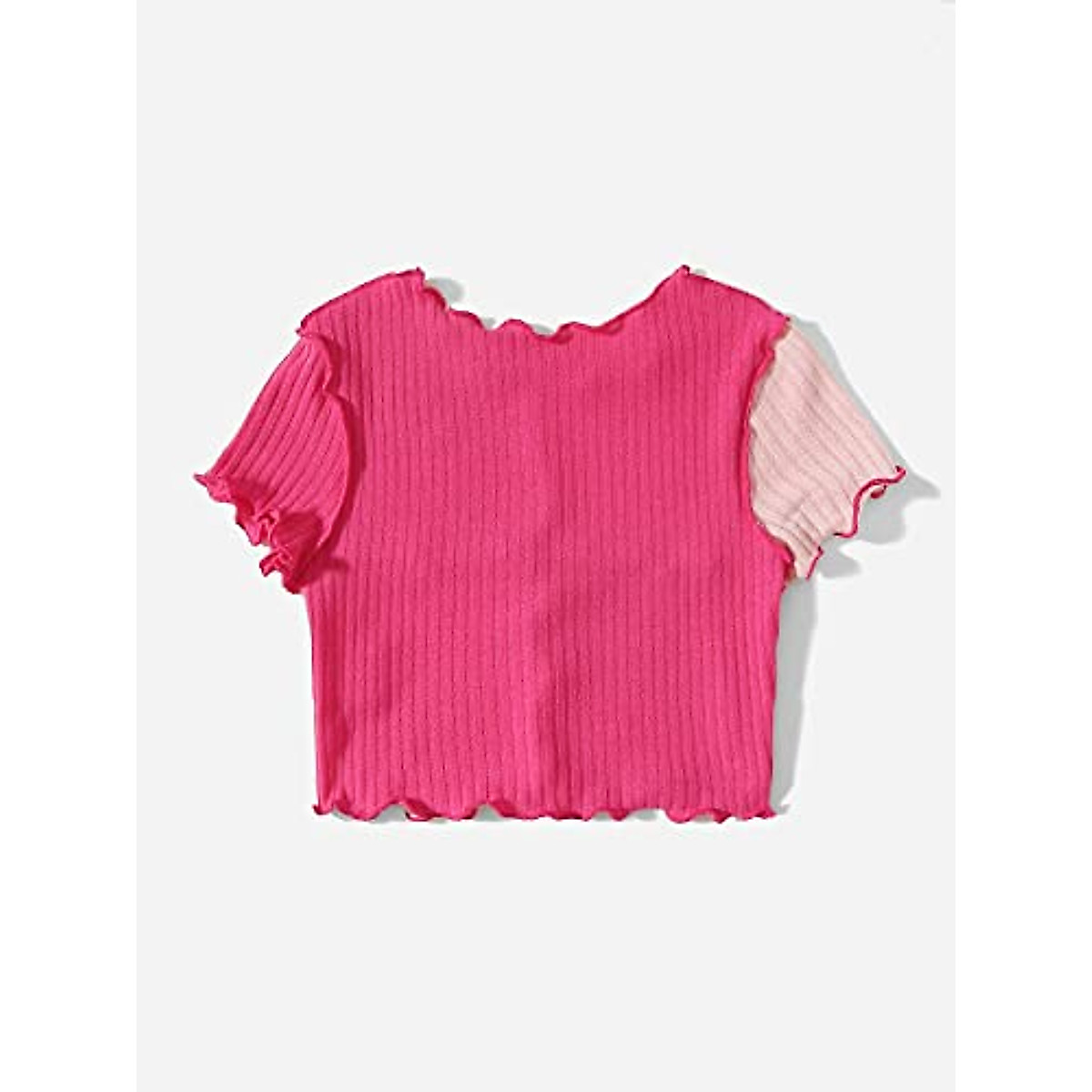 Milumia Girl's Rib Knit Color Block Crop Tee Short Sleeve Lettuce Trim Crewneck Tshirt Pink 11-12 Years