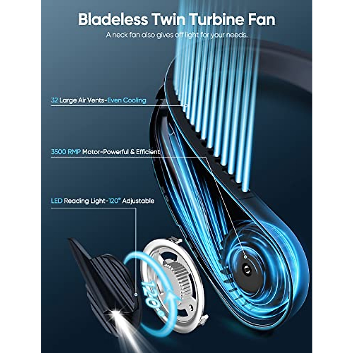 Neck Fan Portable with Reading Light - Cooling Rechargeable Battery Operated Neckband Fan, Ultra Quiet, Hands Free 4 Speeds Bladeless Wearable Fan for Travel, Outdoor