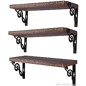 Floating Wall Shelves Set of 3, 16-Inch Solid Wood Floating Shelves Cat Climbing, Wall Mounted Shelf Organizer for Living Room, Bedroom, Kitchen, Bathroom, Office (Carbonized-Brown)