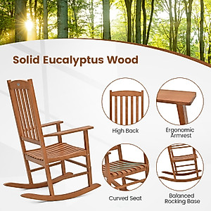 Tangkula Patio Rocking Chair with 400 lbs Weight Capacity, Eucalyptus Wood Porch Rocker with High Back, Patio Rocker Chair for Indoor and Outdoor Use (1)