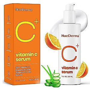 NueDerma Vitamin C Serum For Face Anti Aging, Brightening, Retinol, Aloe, Hyaluronic Acid, Vitamins E, B3. Boosts Collagen