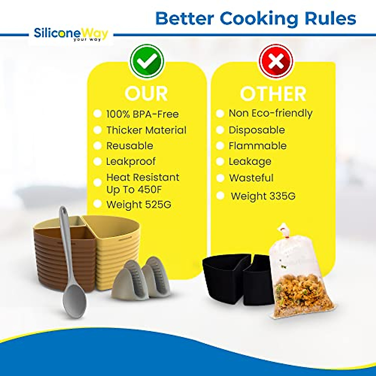 SiliconeWay 6PCS Slow Cooker Liners Set of 3 for Slow Cooker 6-8 QT – Triple Slow Cooker Divider Includes Silicone Gloves, Spoon – BPA Free Durable Silicone Divider Insert – CrockPot & Non-Stick