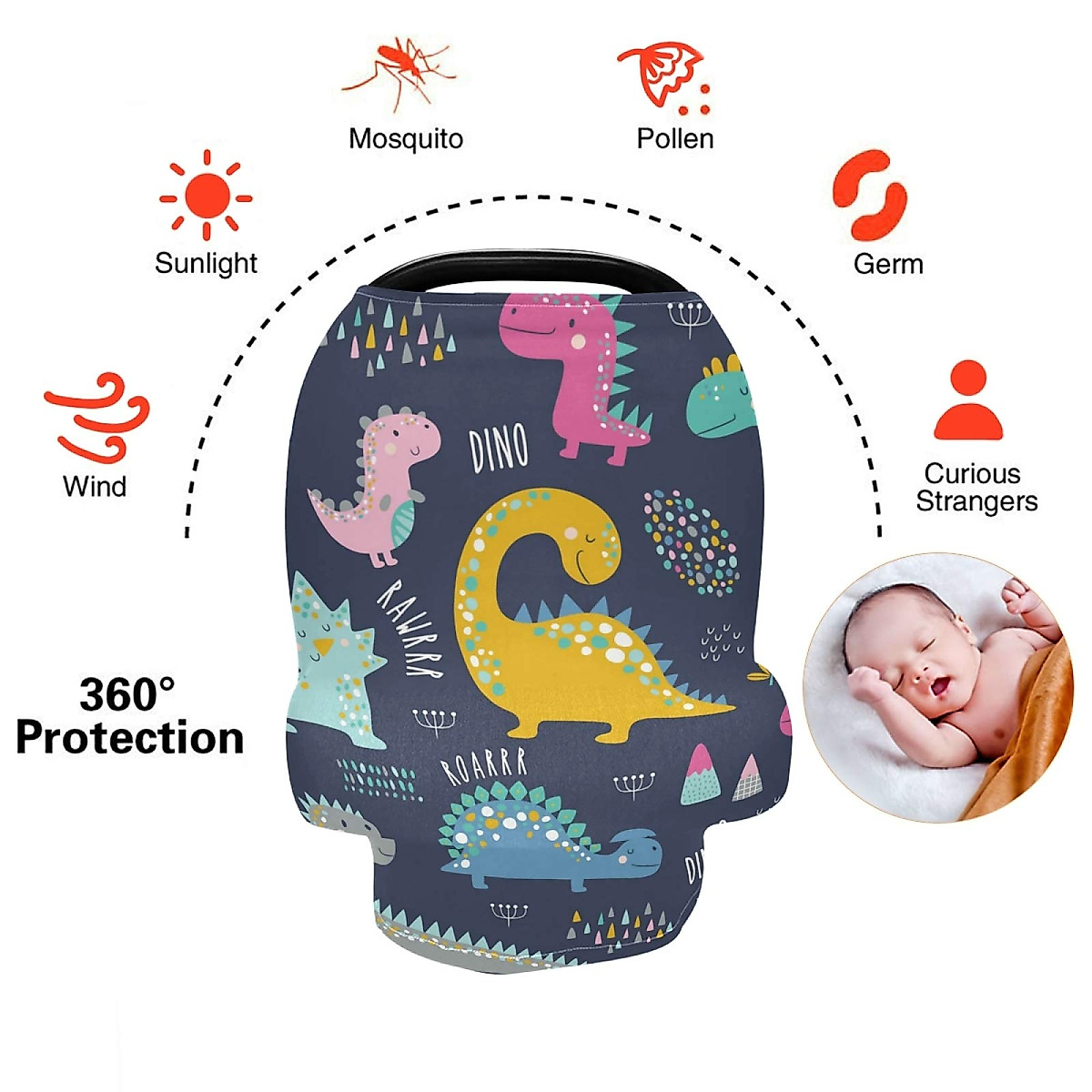WELLDAY Baby Car Seat Covers Kids Dinosaurs Stretchy Breastfeeding Scarf Breathable Infant Carseat Canopy Nursing Covers Multi Use for Stroller High Chair Shopping Cart Boys and Girls