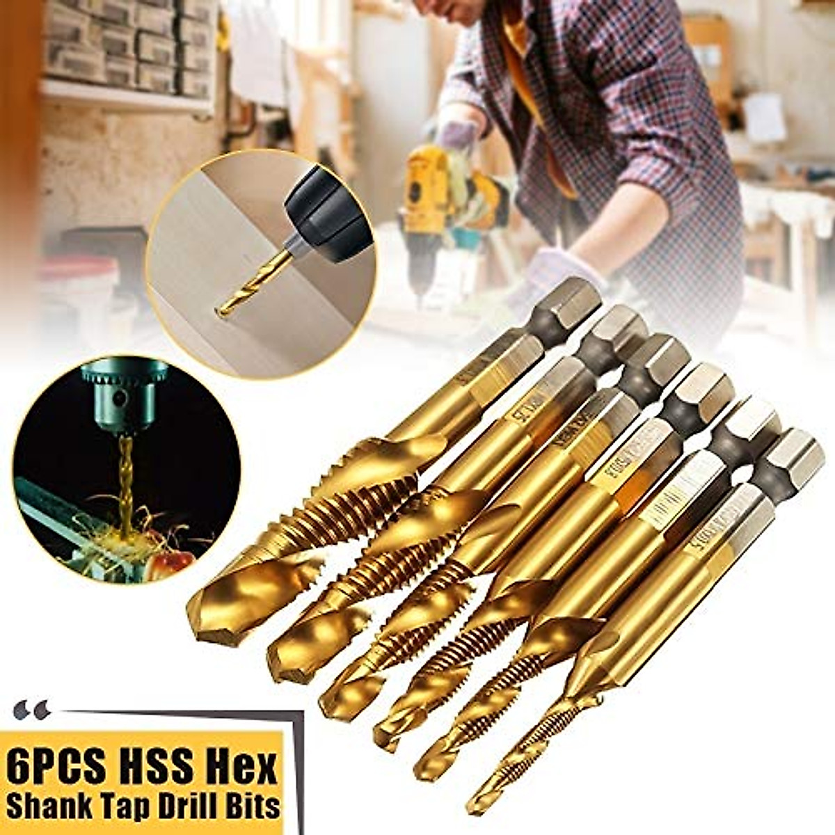 6pcs Thread Tap Screw Metric Thread Coated HSS Drill and Tap Bits 1/4" Hex Shank Drill Bits M3-M10