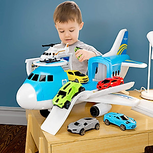 LOVE LIFE Airplane Toy Set Transport Cargo Plane Play Toy Gift for 3 4 5 6 Years Old Boys Girls Kids,Aircraft Vehicle Toys with 5 Mini Cars,Helicopter and Construction Worker
