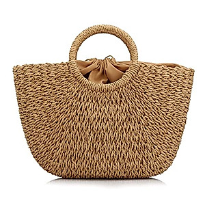 Summer Rattan Bag for Women Straw Hand-woven Top-handle Handbag Beach Sea Straw Rattan Tote Clutch Bags (Coyote brown)
