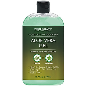First Botany, Aloe Vera Gel from 100 Percent Pure Aloe Infused with Tea Tree Oil - Natural Raw Moisturizer for Hand Sanitizing Gel, Skin Care, Hair Care, Sunburn, Acne & Eczema -16.9 fl oz | 500 ml