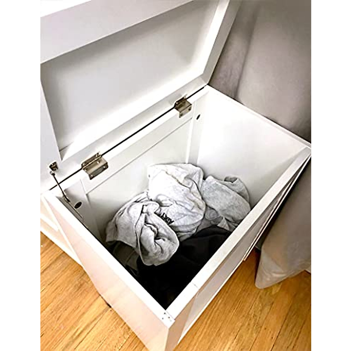 Modern White Wooden Hamper with Flip Lid, Bathroom Hamper Organizer, Portable Laundry Basket for Small Space, Wood Storage Bin Basket, Contemporary Design Clothes Basket Bin, Ventilated Construction