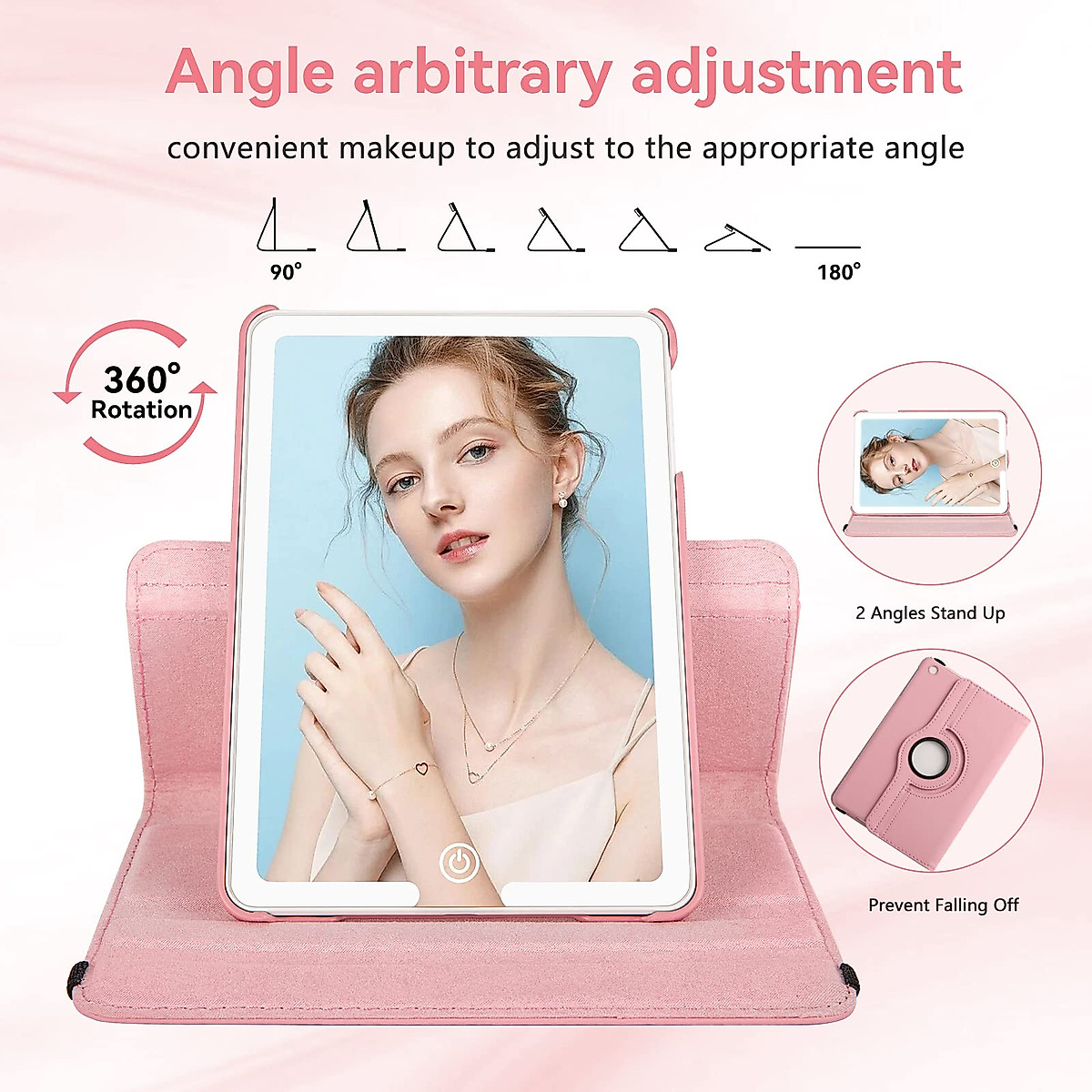 Travel Makeup Vanity Mirror with 72 LEDs ||Drop Protection|| 360° Rotation Lighted Folding Cosmetic Beauty Mirror, Touch Control 3 Colors Light Modes, USB Rechargable, Ultra Thin Tabletop Mirror