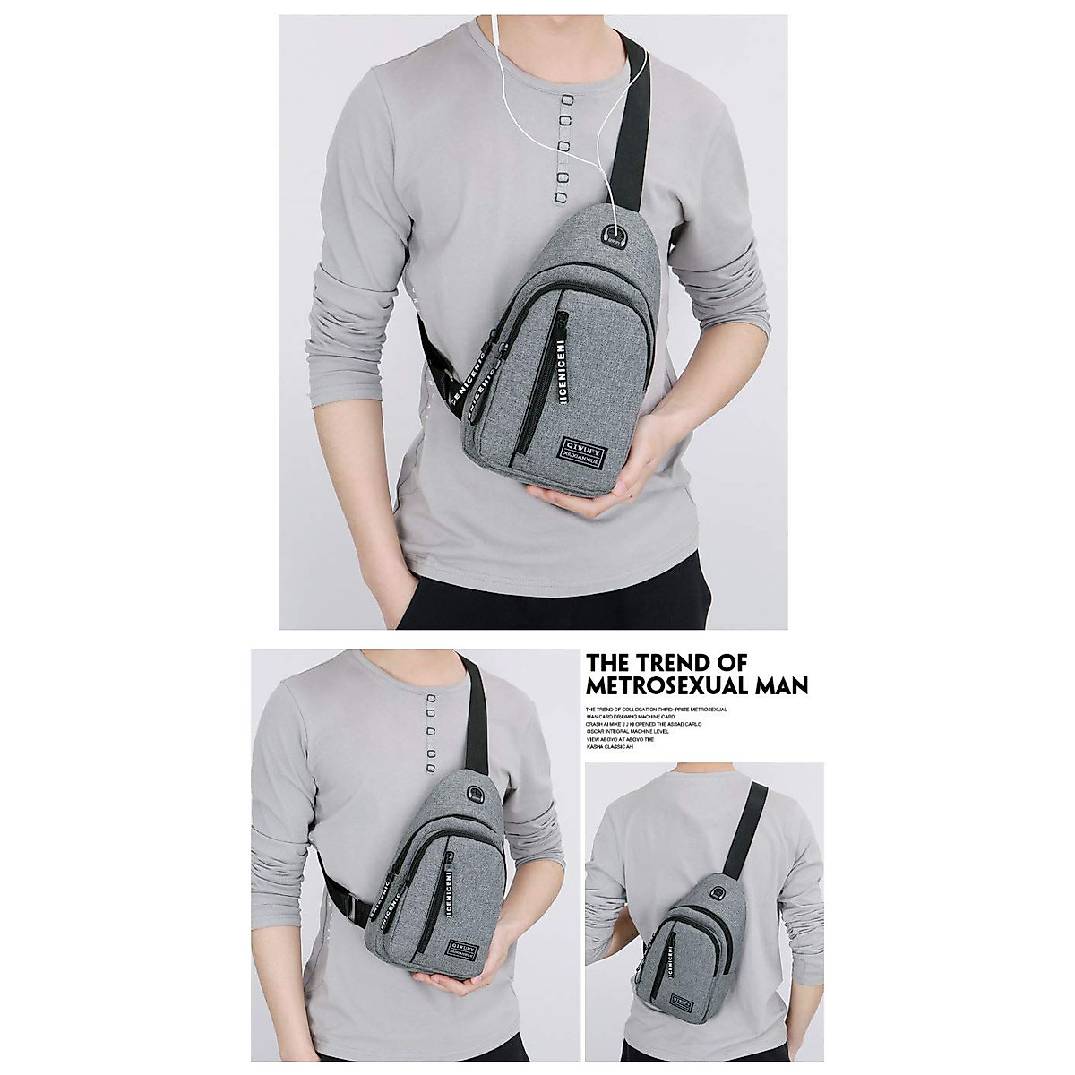 Small Sling Bag Crossbody Chest Shoulder Water Resistant Travel Bag for Men Women With Earphone Hole (Gray)