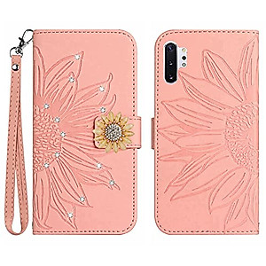 ONV Wallet Case for Samsung Galaxy Note 10 Plus - Glitter Shinny Sunflower Flip Leather Case Card Slot Shockproof Kickstand Magnetic Wrist Cover for Samsung Galaxy Note 10 Plus [HT] -Pink-T