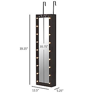HOMCOM Jewelry Armoire with Mirror and 18 LED Lights, Wall-Mounted/Over-The-Door Cabinet with 3 Mountable Heights, Dark Walnut