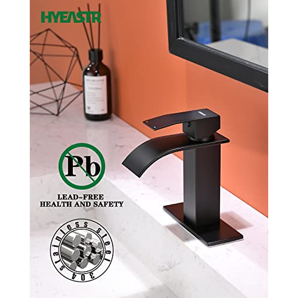 HYEASTR Waterfall Bathroom Faucet Single Handle Bathroom Sink Faucet with Overflow Pop Up Drain & Supply Lines Matte Black 1 Hole