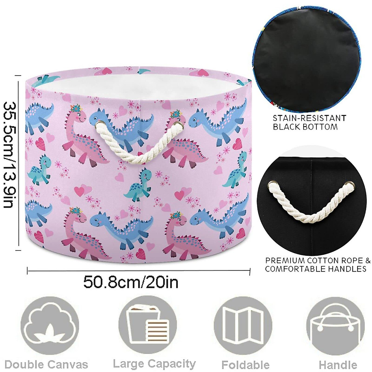 visesunny Cute Pink and Blue Dinosaur with Heart Laundry Baskets Fabric Storage Bin Storage Box Collapsible Storage Basket Toy Clothes Shelves Basket for Bathroom,Bedroom,Nursery,Closet,Office