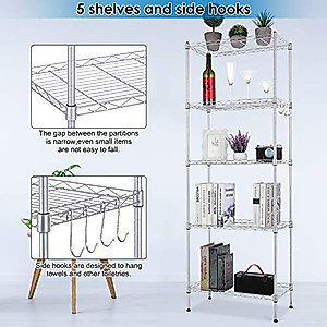 AMZOOM 5-Tier Steel Wire Shelving Unit, Adjustable Metal Shelves, Stainless Steel Storage Rack with Hooks and Leveling Feet, Suitable for Living Room Bathroom Garage Kitchen Pantry (Silver)