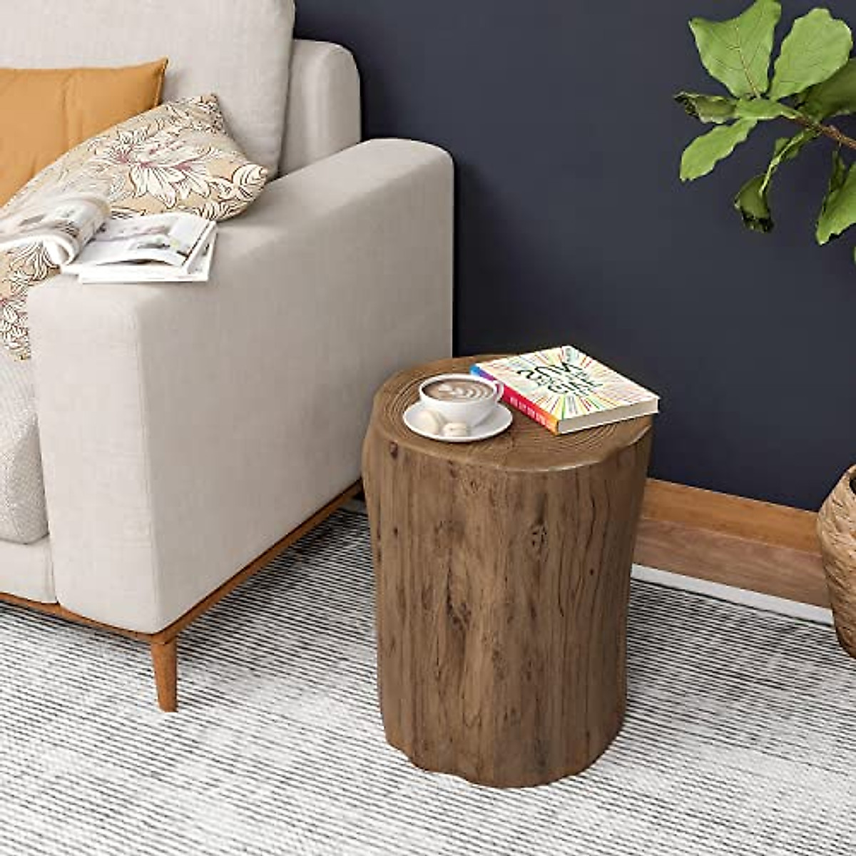 HOMPUS Concrete Outdoor Side Table Tree Stump Modern Round Coffee Table Accent Table Plant Stand Faux Wood End Table Garden Stool for Patio,Home Decor, Living Room(Light Oak)