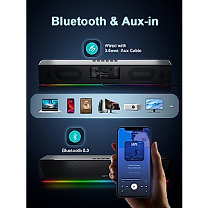 Computer Speakers, 24W Bluetooth Computer Soundbar, 3.5mm Aux-in Computer Speakers for Desktop Monitor, Computer Sound Bar with Deep Impactful Bass, Gaming Speakers for PC Powered by AC Adapter