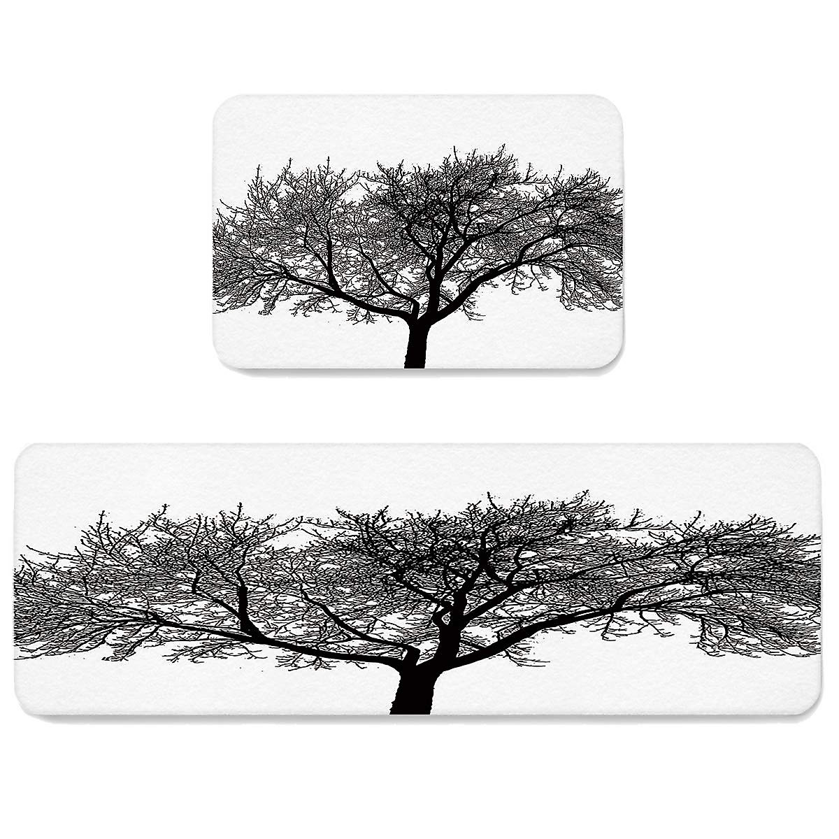 2 Pieces Kitchen Rugs Sets, Tree Stem Trunk Branches Black and White Non-Slip Hallway Stair Runner Rug Mats Doormat for Floor, Office, Sink, Laundry