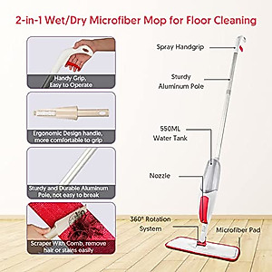 Microfiber Spray Mop for Floor Cleaning with 3pcs Washable Pads Wood Floor Mop with 550ML Bottle Home or Commercial Use Dry Wet Flat Mop for Kitchen Hardwood Laminate Ceramic Tile