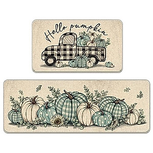 Tailus Hello Pumpkin Teal White Fall Kitchen Rugs Set of 2, Blue Autumn Plaid Check Truck Kitchen Mats Decor, Farmhouse Thanksgiving Floor Door Mat Home Decorations - 17x29 and 17x47 Inch
