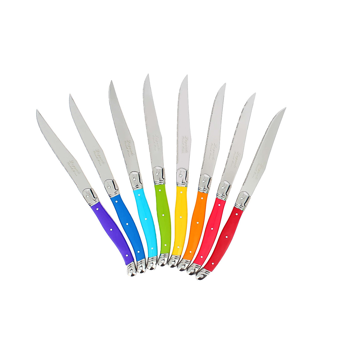 French Home Laguiole 8-Piece Steak Knife Set – Sophisticated Stainless Steel Dinner Knives with Rainbow Handles & Iconic Bee Emblem – Serrated Knives for Smooth Cutting (9.25")